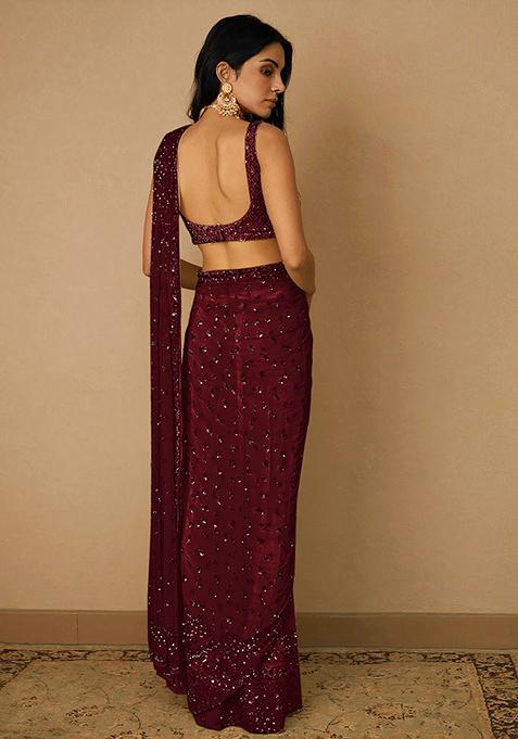 Buy Women Maroon Embroidered Soft Net Saree Set - XSR18823 ...