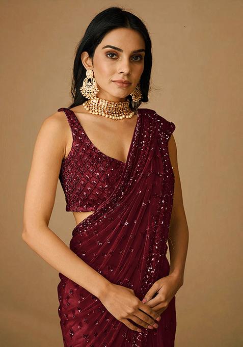 Buy Women Maroon Embroidered Soft Net Saree Set - XSR18823 ...
