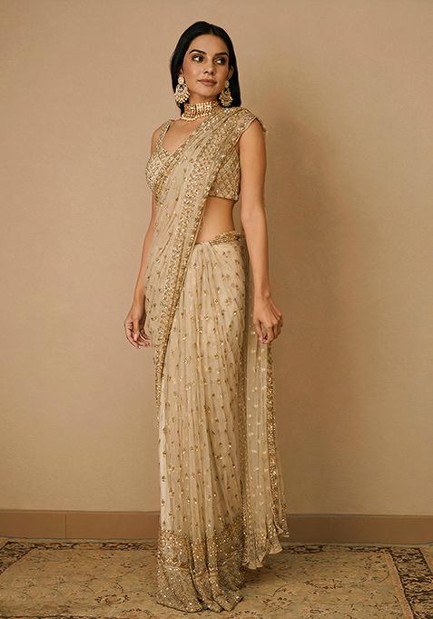 Buy Women Golden Embellished Soft Net Saree Set - XSR18830 ...