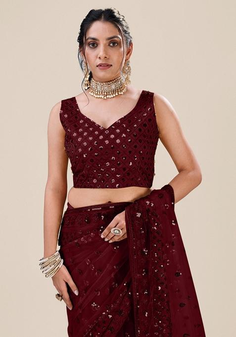 Buy Women Maroon Sequin Embellished Net Saree Set - XSR18918 - New ...