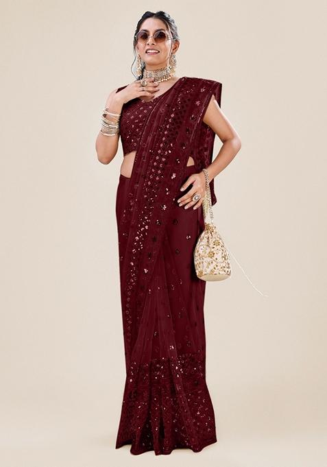 Buy Women Maroon Sequin Embellished Net Saree Set - XSR18918 - New ...