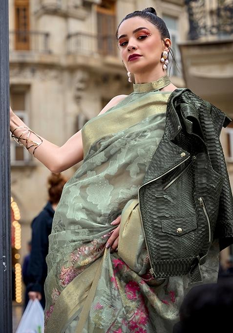 Buy Women Olive Floral Print Brasso Saree Set - XSR19268 - Plus Size ...