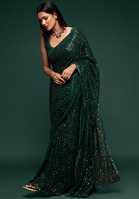 Buy Women Deep Green Sequin Thread Embroidered Georgette Saree Set ...