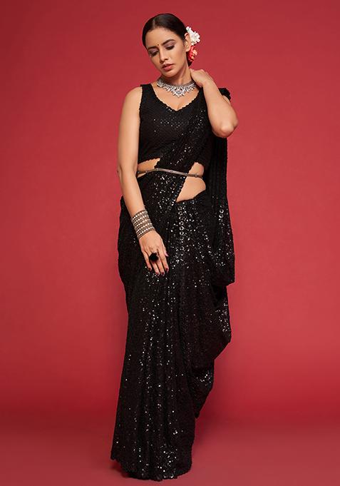 Buy Women Black Sequin Thread Embroidered Georgette Saree Set - XSR19534 - Embroidered - Indya