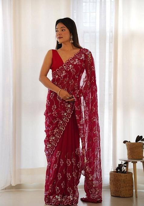 Buy Women Red Solid Simar Blooming Saree Set - XSR19874 - Red Saree - Indya