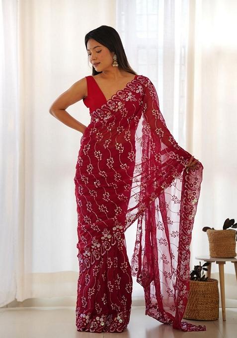 Buy Women Red Solid Simar Blooming Saree Set - XSR19874 - Red Saree - Indya