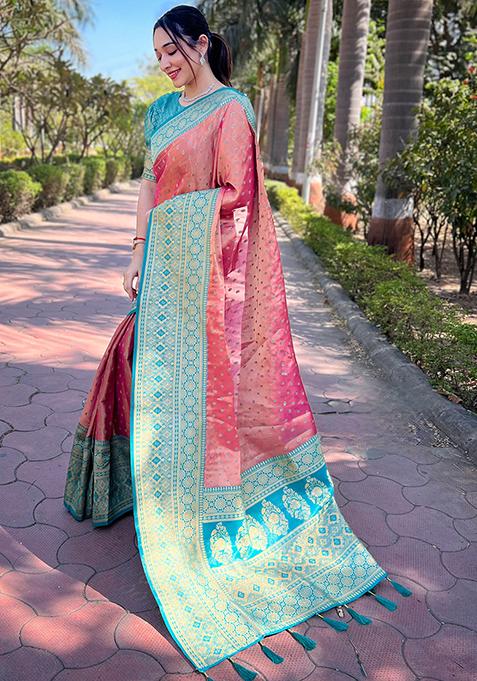 Buy Women Pink Zari Woven Pure Tissue Saree Set - XSR20279 - Pink Saree ...