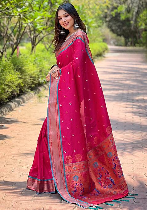 Buy Women Pink Zari Woven Paithani Silk Saree Set - XSR20300 - Pink ...