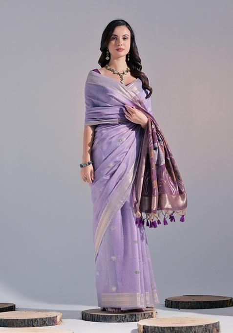 Buy Women Lavender Woven Thread Embroidered Muga Cotton Saree Set ...
