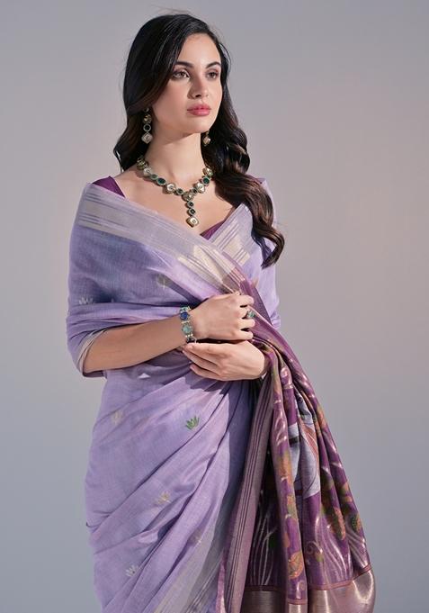 Buy Women Lavender Woven Thread Embroidered Muga Cotton Saree Set ...