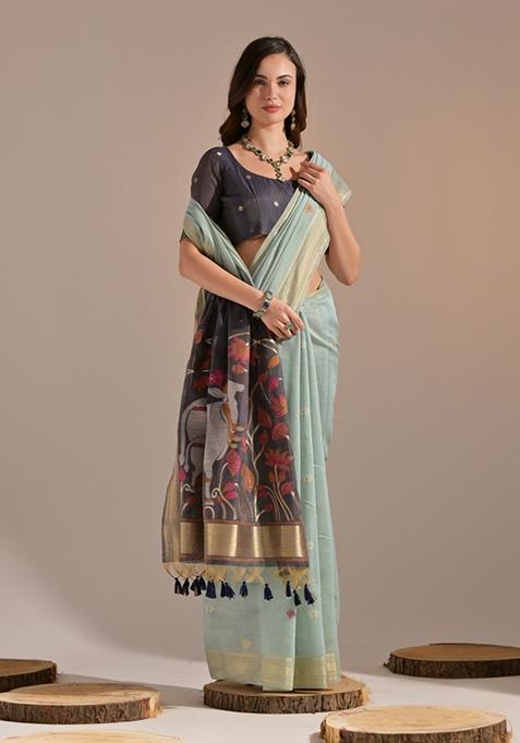 Buy Women Sea Green Woven Thread Embroidered Muga Cotton Saree Set ...