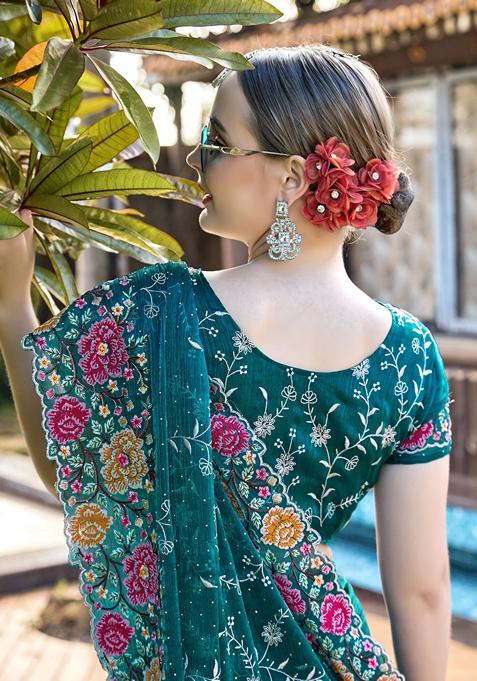 Buy Women Morpeach Resham Embroidered Burberry Silk Saree Set ...
