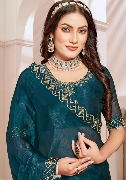 Buy Women Morpeach Zircon Embellished Burberry Silk Saree Set ...