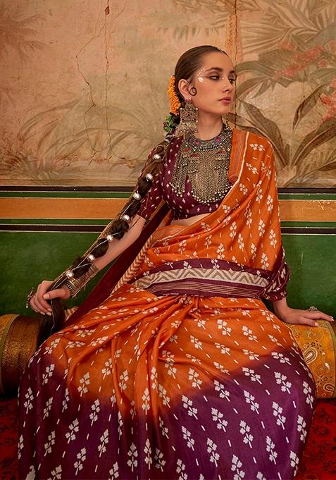 Buy Women Orange Printed Silk Saree Set - XSR21530 - Silk Sarees - Indya