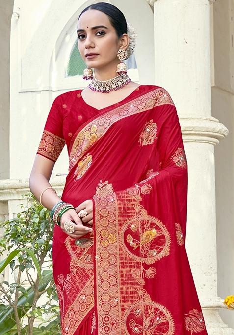 Buy Women Red Jacquard Silk Saree Set - XSR21932 - Red Saree - Indya