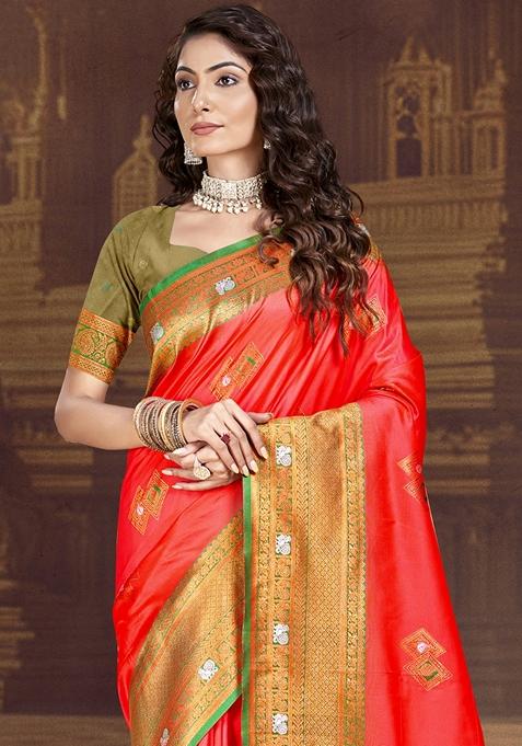 Buy Women Red Jacquard Silk Saree Set - XSR22141 - Red Saree - Indya