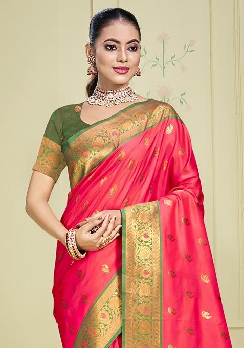 Buy Women Pink Jacquard Silk Saree Set - XSR22188 - Pink Saree - Indya