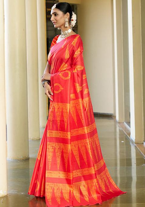 Buy Women Red Digital Print Cotton Saree Set - XSR22359 - Sarees - Indya