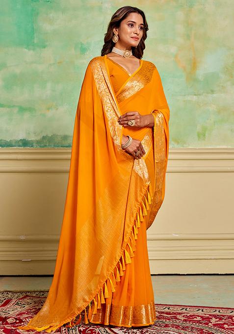 Buy Women Yellow Woven Crepe Saree Set - XSR22364 - Plus Size Saree - Indya