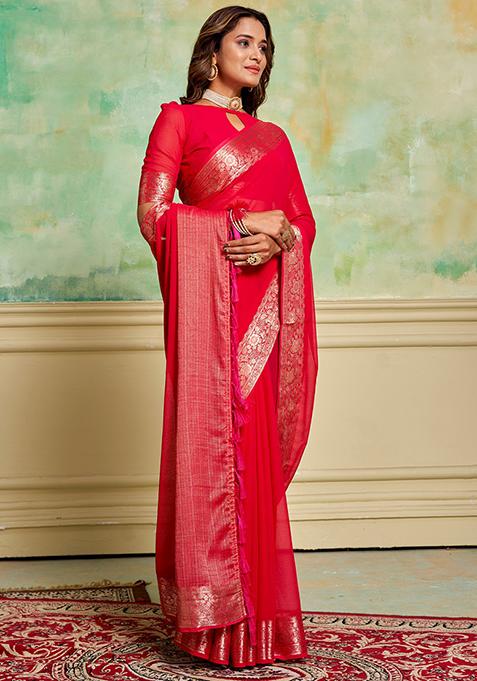 Buy Women Pink Woven Crepe Saree Set - XSR22366 - Pink Saree - Indya