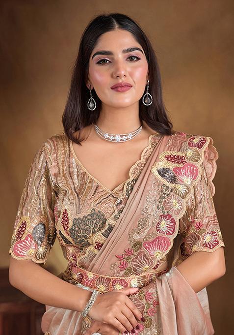 Buy Women Peach Sequin Thread Embroidered Satin Silk Saree Set ...