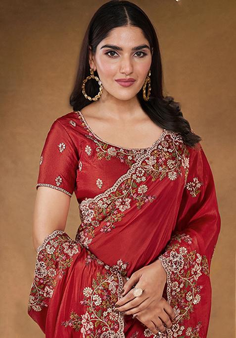 Buy Women Red Sequin Embroidered Upada Silk Saree Set - XSR22552 - Red ...