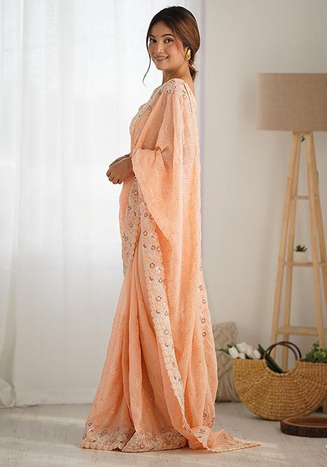 Buy Women Peach Sequin Embroidered Georgette Saree Set - XSR22555 ...