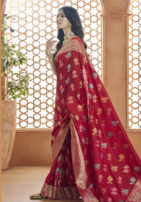 Buy Women Red Zari Woven Banarasi Silk Saree Set - XSR22589 - Red Saree ...