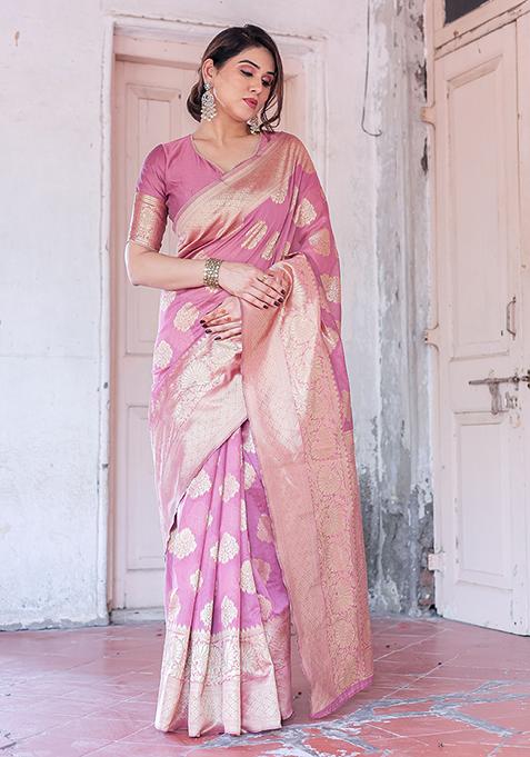Buy Women Pink Zari Woven Chanderi Silk Saree Set - XSR22703 - Sarees ...