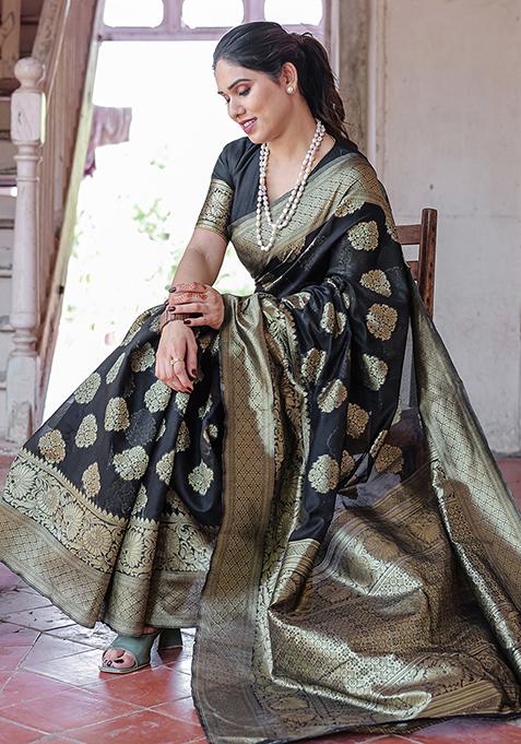Buy Women Black Zari Woven Chanderi Silk Saree Set - XSR22708 - Sarees ...