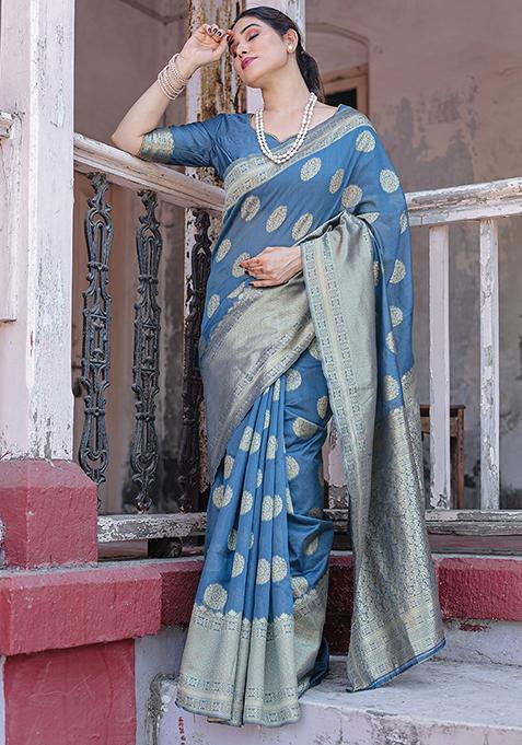 Buy Women Blue Zari Woven Chanderi Silk Saree Set - XSR22710 - Sarees ...