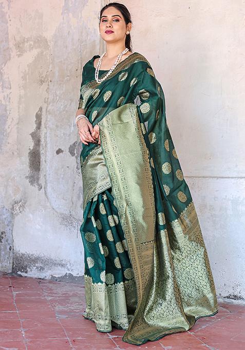 Buy Women Green Zari Woven Chanderi Silk Saree Set - XSR22711 - Sarees ...