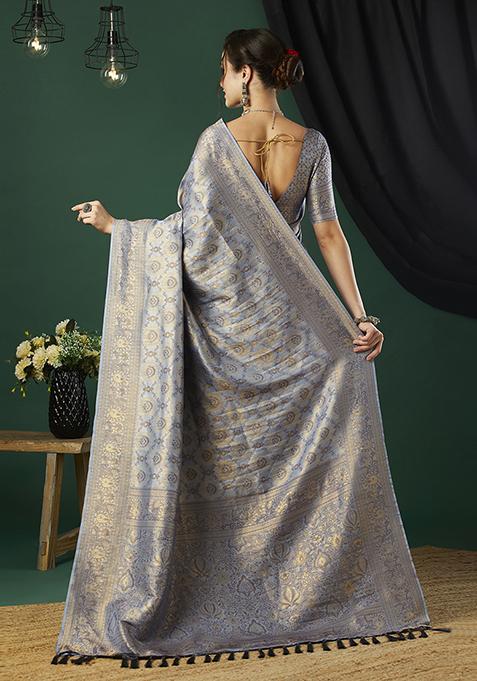 Buy Women Grey Zari Woven Kanjivaram Saree Set - XSR23890 - Sarees - Indya