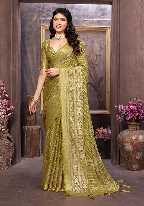 Buy Women Olive Green Woven Moss Brasso Saree Set - XSR24177 - Plus ...