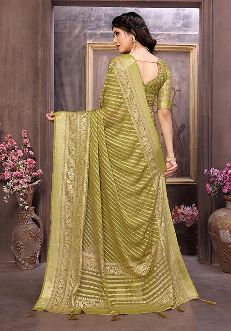 Buy Women Olive Green Woven Moss Brasso Saree Set - XSR24177 - Plus ...