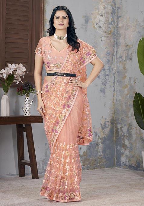 Buy Women Orange Zari Thread Embroidered Butterfly Net Saree Set ...