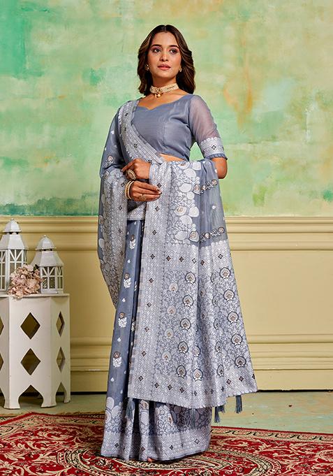 Buy Women Grey Zari Woven Cotton Saree Set - XSR24379 - Sarees - Indya