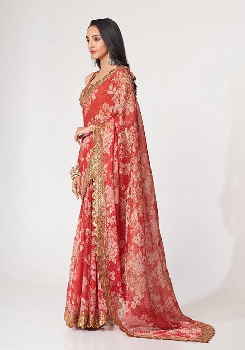 Buy Women Red Embroidered Saree Set - XSR24645 - Embroidered - Indya