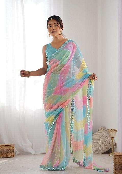 Buy Women Multicolor Mirror Work Printed Georgette Saree Set - XSR25005 ...
