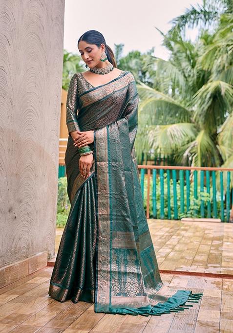 Buy Women Bottle Green Zari Woven Kanjivaram Handloom Saree Set ...