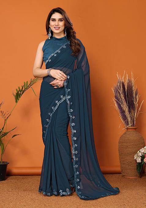 Buy Women Rama Blue Mirror Work Georgette Saree Set - XSR25587 - Blue ...