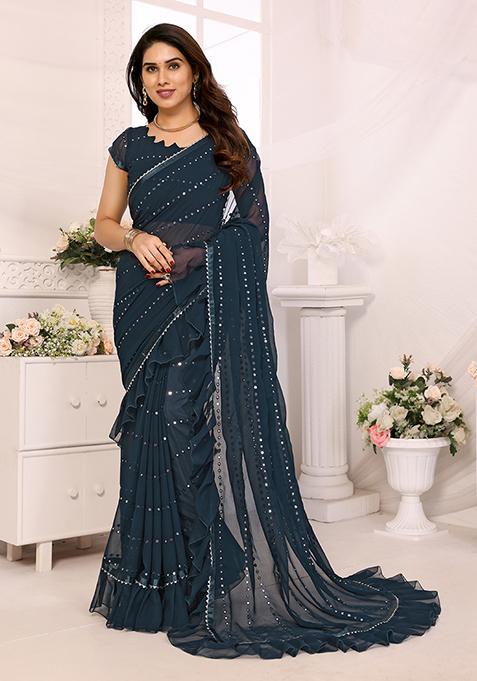 Buy Women Rama Blue Mirror Work Georgette Saree Set - XSR25633 - Blue ...