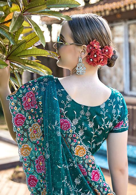 Buy Women Morpeach Resham Embroidered Jimmy Choo Silk Saree Set ...