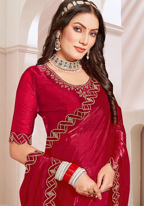 Buy Women Cherry Red Zircon Hand Embroidered Jimmy Choo Silk Saree Set - XSR25931 - Red Saree ...