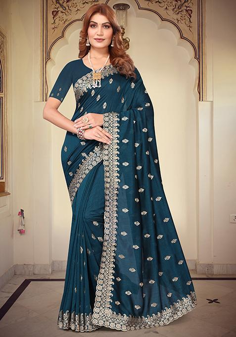 Buy Women Morpeach Resham Embroidered Vichitra Blooming Saree Set ...