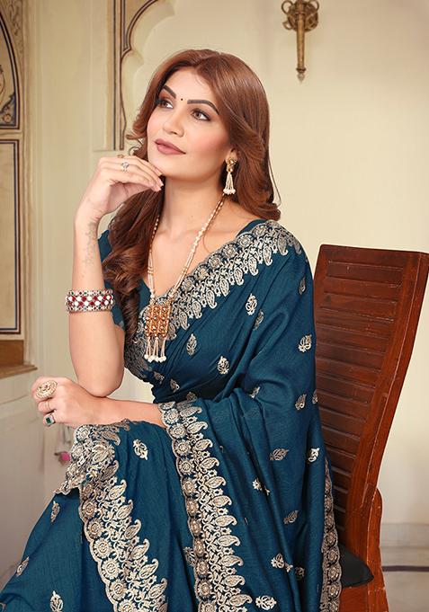 Buy Women Morpeach Resham Embroidered Vichitra Blooming Saree Set ...