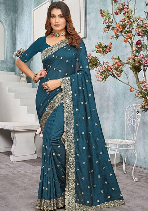 Buy Women Morpeach Resham Embroidered Vichitra Blooming Saree Set ...