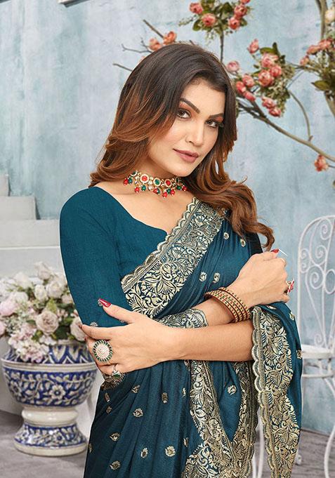 Buy Women Morpeach Resham Embroidered Vichitra Blooming Saree Set ...