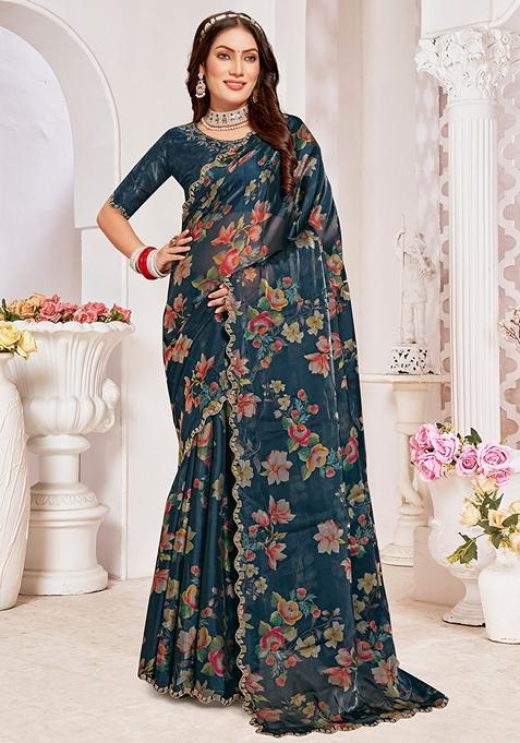 Buy Women Morpeach Zircon Hand Embroidered Organza Silk Saree Set ...