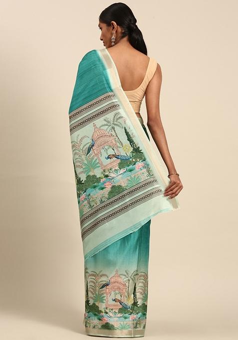 Buy Women Aqua Blue Woven Cotton Saree Set - XSR26315 - Blue Sarees - Indya